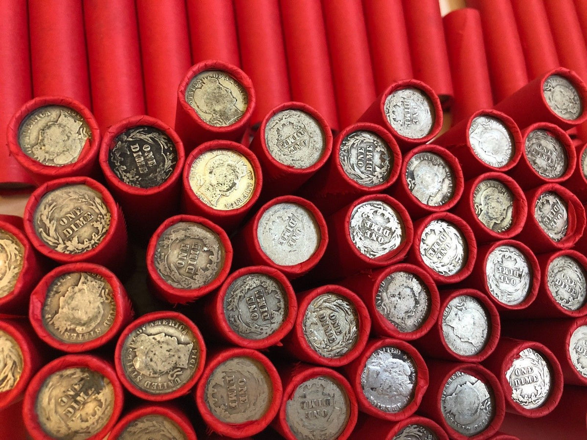 TIGHTLY CRIMPED RED BANK WRAPPED ROLLS OF WHEAT CENTS WITH BARBER DIME ...